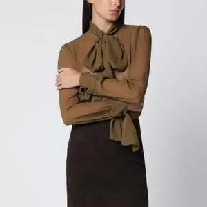 Saint Laurent Lavallière Blouse In Bronze Silk - Green