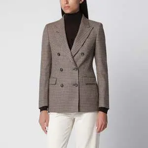 Tagliatore Double-breasted Tobacco-colored Jacket With Houndstooth Pattern In Wool Blend - Brown