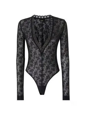 Pinko Floral Lace V-neck Long Sleeve Bodysuit - Black