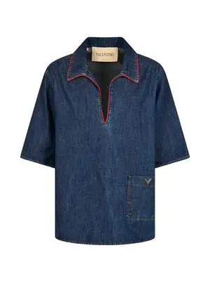 Valentino Garavani V-neck Cotton Shirt With Metal Logo Pocket - Blu