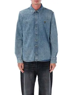 AMI Paris Stonewashed Cotton Denim Button-down Shirt With Of Coeur Chest Embroidery - Blue Used