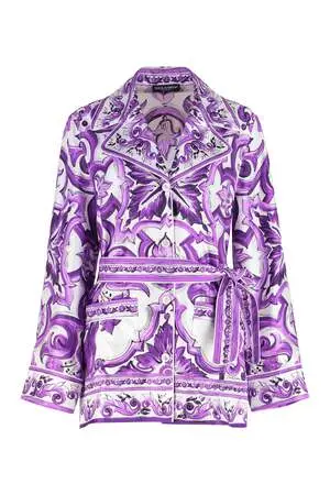 Dolce & Gabbana Printed Silk Twill Shirt With Belt And Side Slit Hem