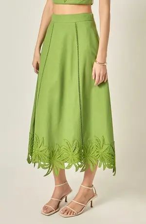 English Factory Palm Tree Embroidered Midi Skirt