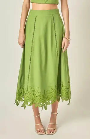 English Factory Embroidered Linen Blend Midi Skirt - Green