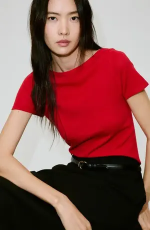 Mango Short Sleeve Fine Knit Sweater - Red