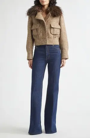 Zimmermann Valiant Crop Faux Fur Collar Herringbone Jacket