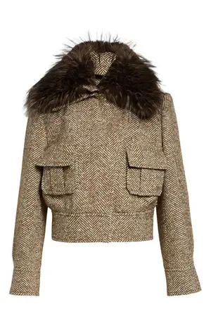 Zimmermann Valiant Crop Faux Fur Collar Herringbone Jacket