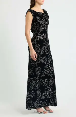 Eliza J Floral Sequin Drape Neck Velvet Gown