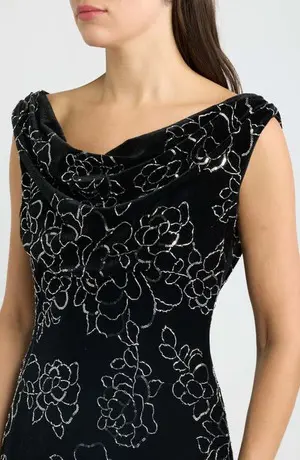 Eliza J Floral Sequin Drape Neck Velvet Gown