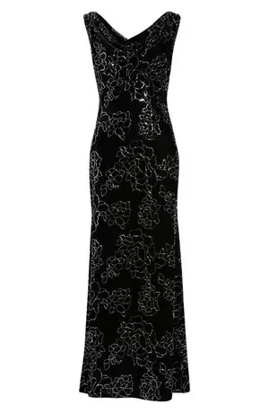 Eliza J Floral Sequin Drape Neck Velvet Gown