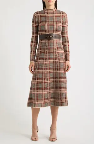 Eliza J Mock Neck Long Sleeve Midi Dress - Blk Cognac