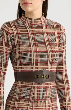 Eliza J Plaid Mock Neck Long Sleeve Midi Dress