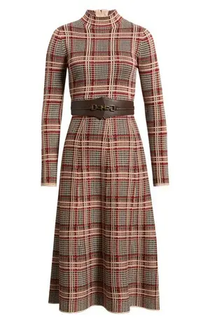 Eliza J Plaid Mock Neck Long Sleeve Midi Dress