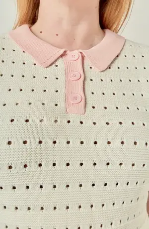 Endless Rose Colorblock Pointelle Short Sleeve Polo Sweater
