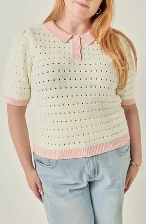 Endless Rose Colorblock Pointelle Short Sleeve Polo Sweater - Ivory/pink