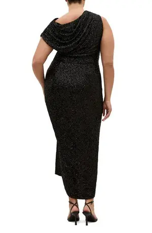 City Chic Sequin One-shoulder Maxi Gown - Black