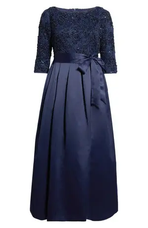 JESSICA HOWARD Sequin Floral Lace Gown With Satin Skirt - Navy