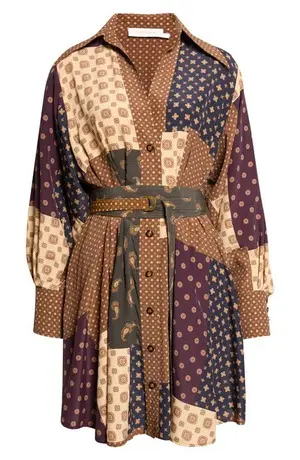Zimmermann Patchwork Print Belted Long Sleeve Shirtdress