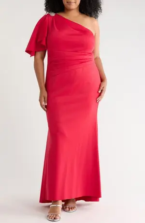 JESSICA HOWARD Cape Sleeve One Shoulder Gown - Ruby Red