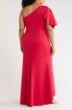 JESSICA HOWARD Cape Sleeve One Shoulder Gown