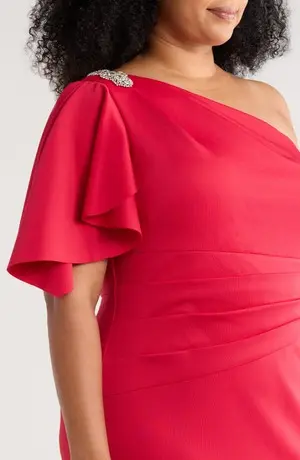 JESSICA HOWARD Cape Sleeve One Shoulder Gown