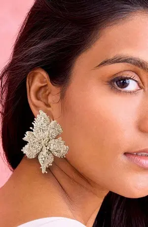 Deepa Gurnani Azalea On Ice Flower Statement Earrings - Silver