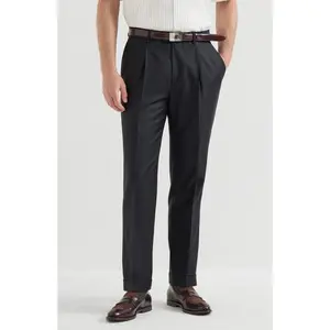 Brunello Cucinelli Super 150s Virgin Wool Four Season Batavia Trousers With Pleat - Black