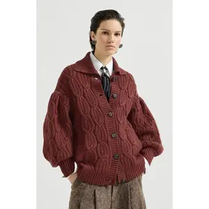 Brunello Cucinelli Cashmere Feather Yarn Heritage Cable Cardigan - Ruby