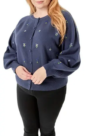 English Factory Beaded Floral Crew Neck Cardigan