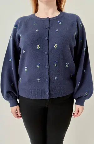 English Factory Beaded Floral Crew Neck Cardigan