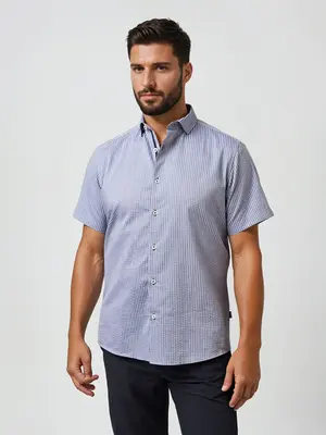 Stone Rose Seersucker Striped Ss Button-up Shirt - Navy