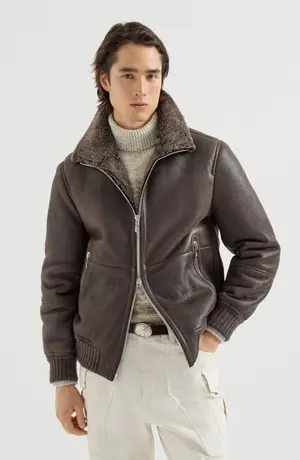Brunello Cucinelli Vintage-effect Shearling Bomber Jacket - Brown