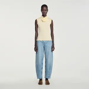 Sandro Smocked Sleeveless T-shirt With Floral Embellishment