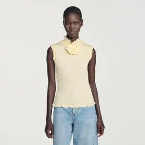 Sandro Smocked Sleeveless T-shirt With Floral Embellishment