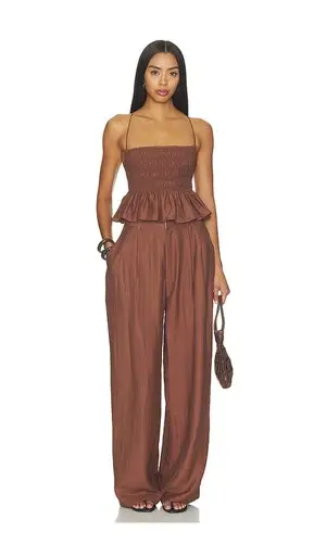 MOTHER OF ALL Taylor Top Shirred Linen Halterneck - Brown