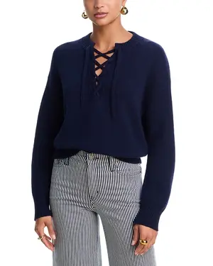 Aqua Cashmere Drop Shoulder Lace Up Sweater - Peacoat