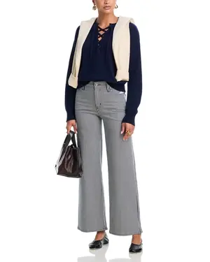 Aqua Cashmere Drop Shoulder Lace Up Sweater - Peacoat