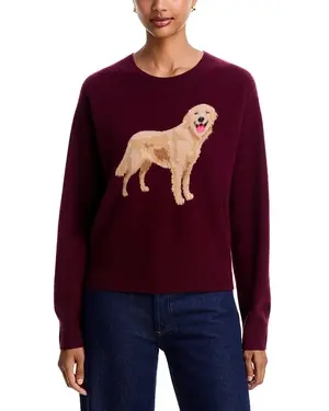 Aqua 100% Cashmere Golden Retriever Crewneck Sweater - Black Cherry