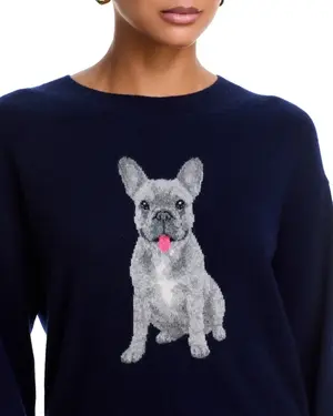 Aqua 100% Cashmere Crewneck Sweater With French Bulldog Graphic
