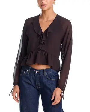 Aqua V Neck Long Sleeve Blouse Exclusive - Espresso