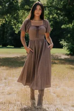 IN FEBRUARY Teddy Gingham Midi Dress - Mocha