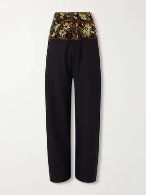 Dries Van Noten Wide-leg Embellished Velvet-trimmed Wool And Cotton-blend Gabardine Trousers - Black