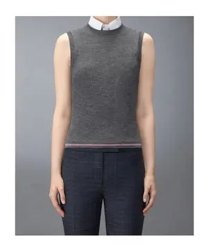 Thom Browne Sleeveless Ribbed Crewneck Top With Rwb Tipping - Medium Gray