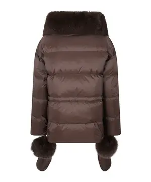 YVES SALOMON Long-sleeved Down Jacket With Fox Fur Collar - Brown