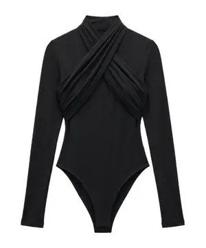 Wardrobe.NYC Ruched Crossover Bodysuit - Black