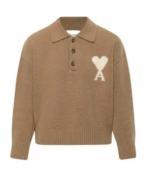 AMI Paris Long-sleeve Knitted Polo Shirt - Brown