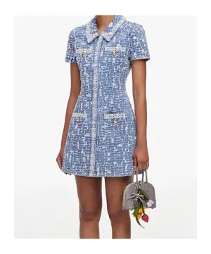 SELF-PORTRAIT Sequin-embellished Collared Denim Mini Dress
