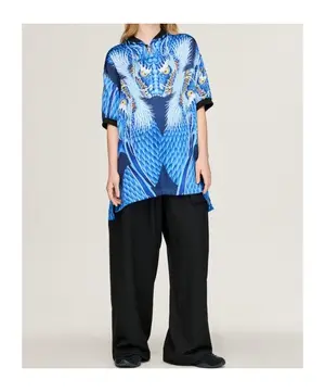 Y3 Blue Satin Graphic Jersey With Dragon Print - Multicolor
