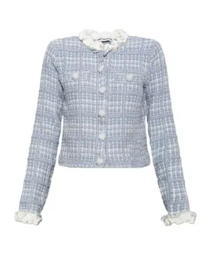 SELF-PORTRAIT Check Knit Beaded Jacket - Blue
