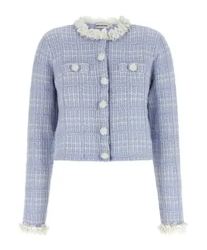 SELF-PORTRAIT Check Cropped Knitted Jacket - Blue